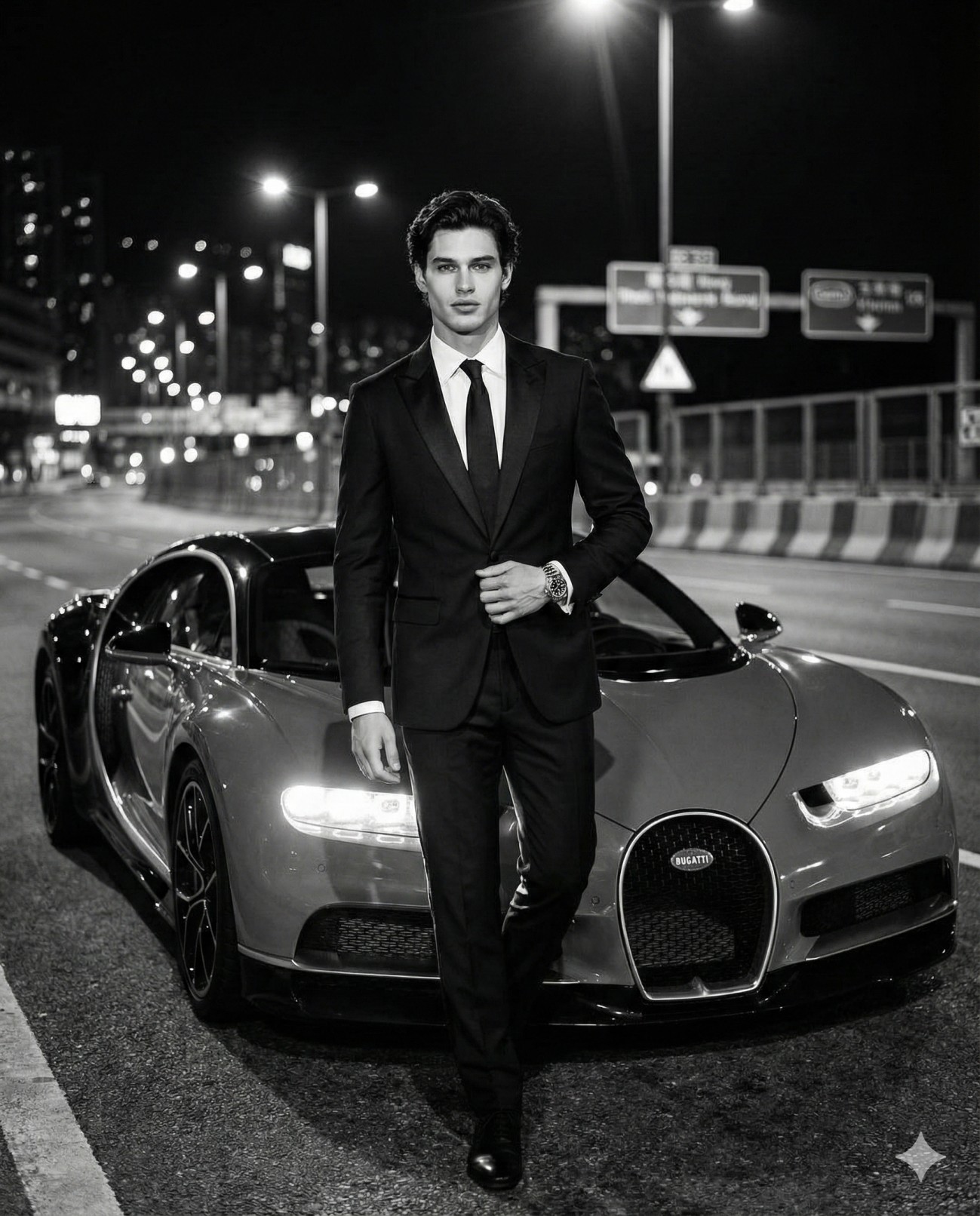 B&W Portrait: Man in Suit with Bugatti Chiron – AI Image Prompt