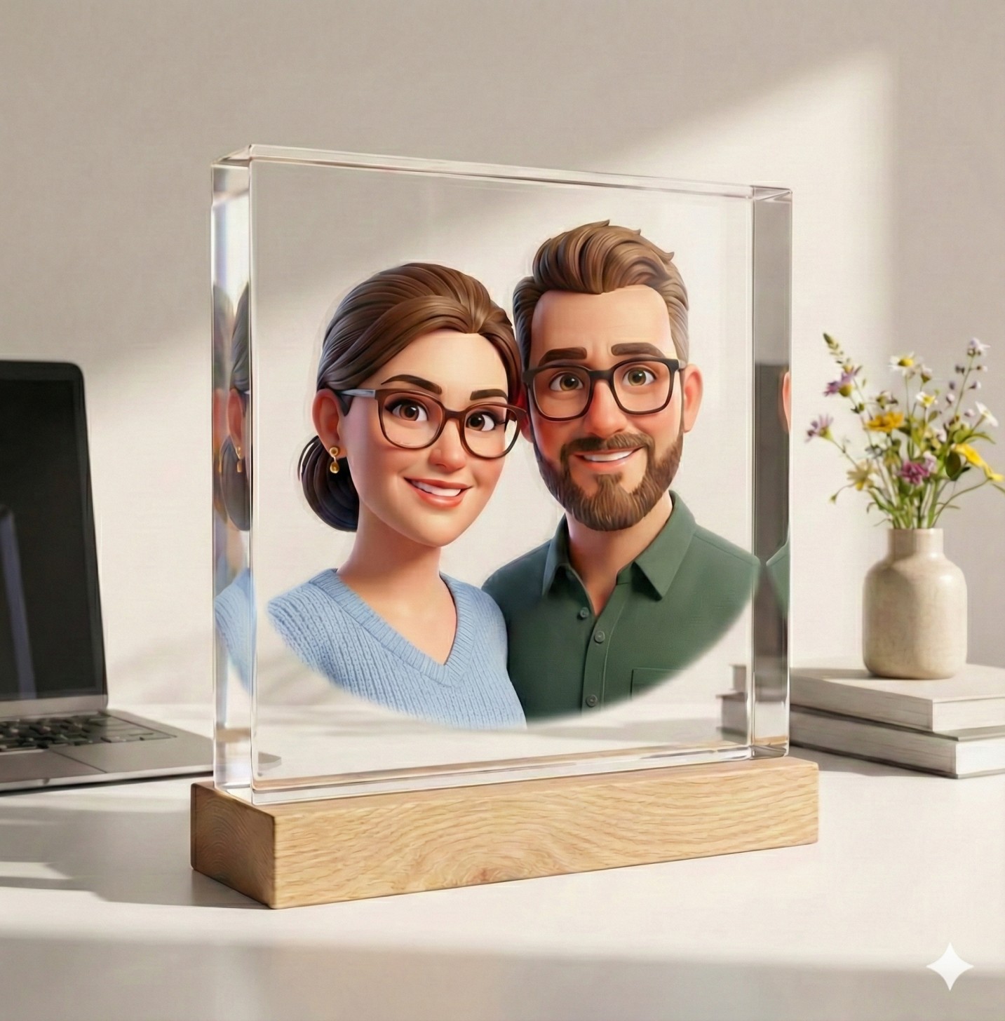 3D Cartoon Couple Portrait in Acrylic Block with Wooden Base – AI Image ...