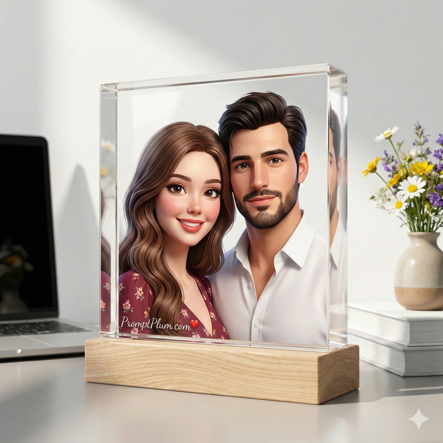 3D Cartoon Couple Portrait in Acrylic Block with Wooden Base – AI Image ...