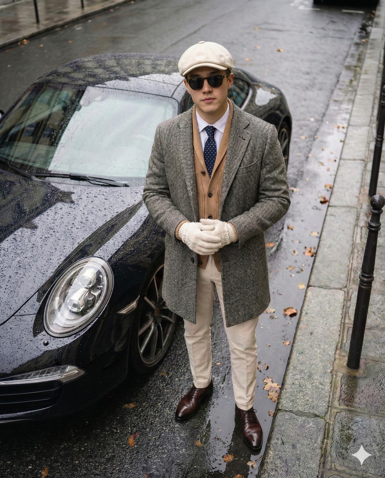 Old Money Fall Fashion: Navy Porsche 911 in Rain – AI Image Prompt