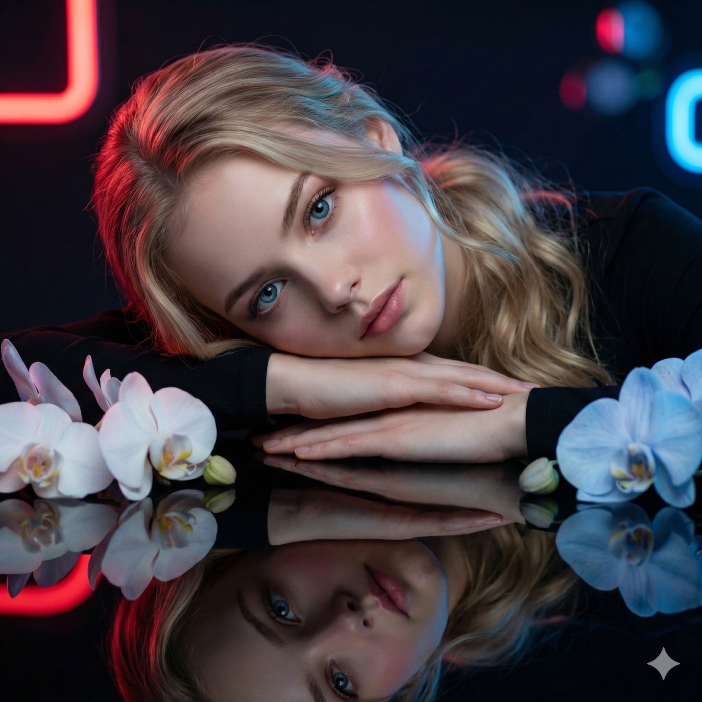 Woman Leaning on Reflective Surface with Flowers – AI Photo Editing Prompt