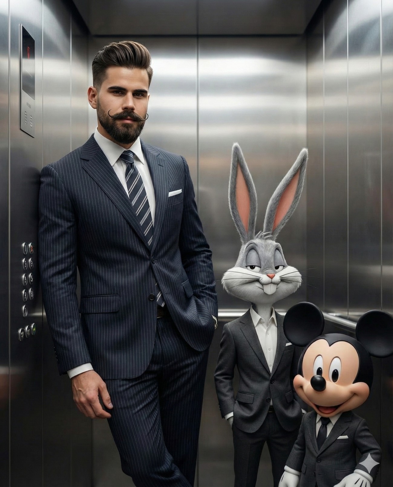 Man, Bugs Bunny, and Mickey Mouse in Suits Inside an Elevator – AI ...