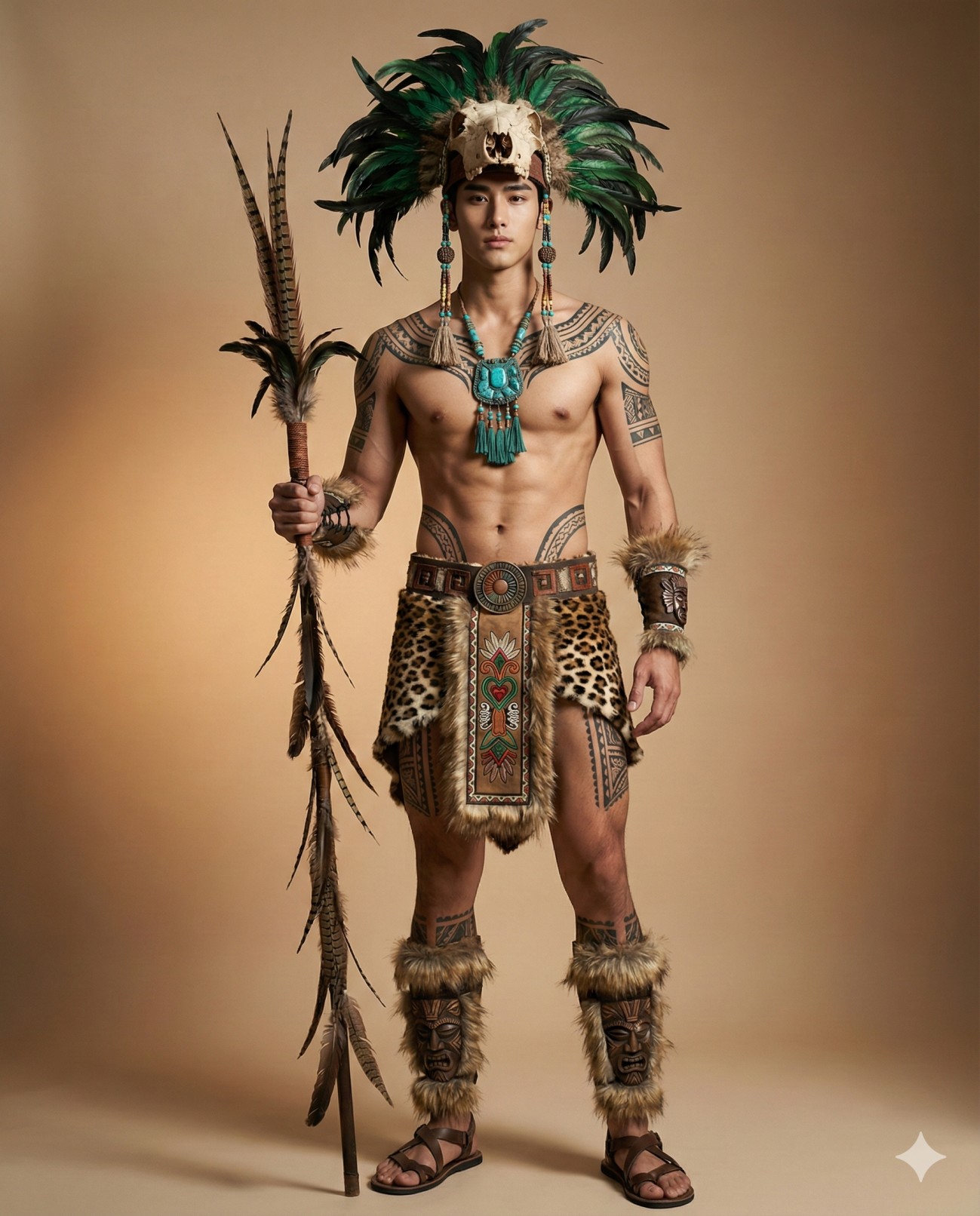 Asian Male Model in Traditional-Inspired Tribal Warrior Garb – AI Image ...