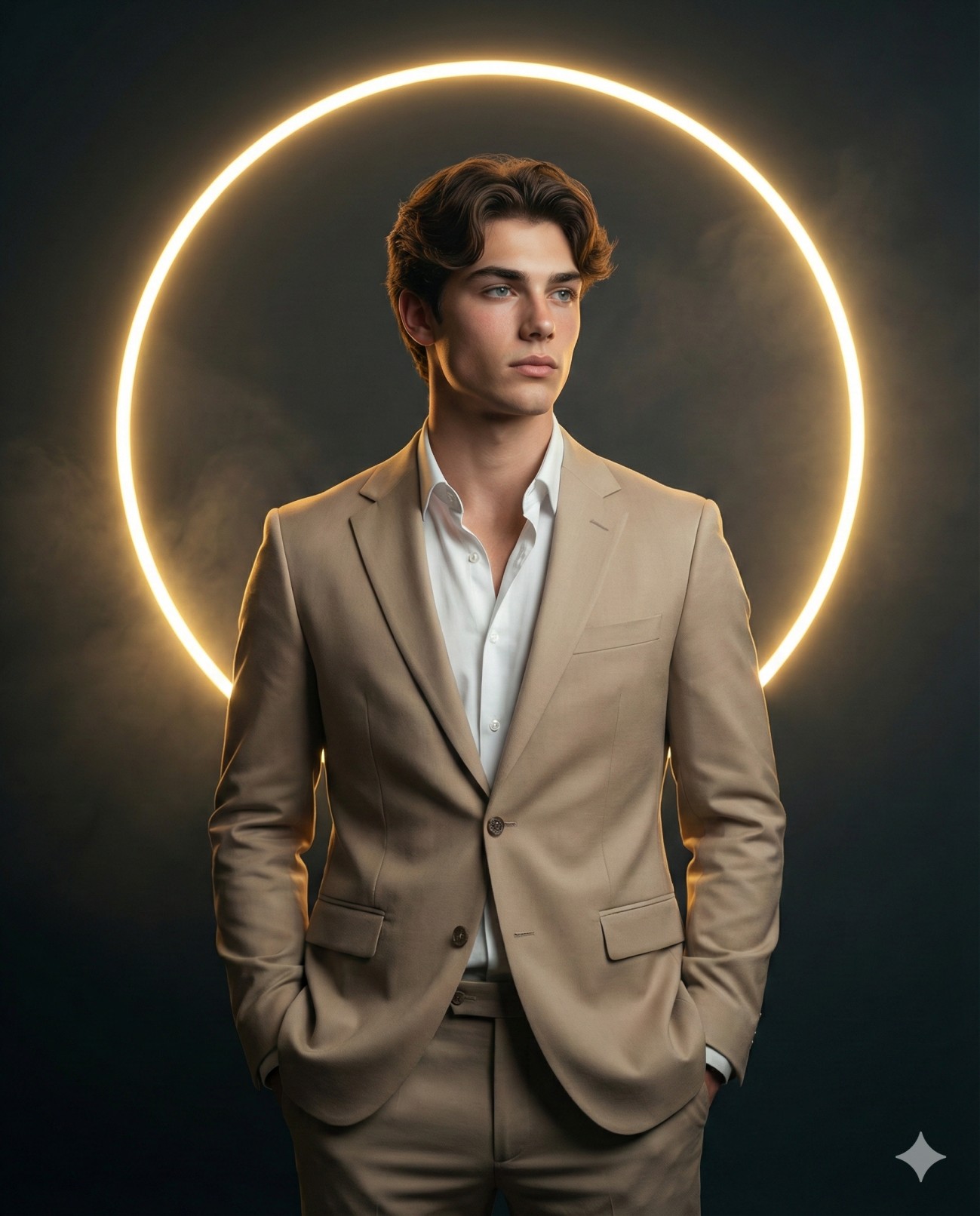 Man in Tan Suit with Neon Halo – AI Photo Editing Prompt